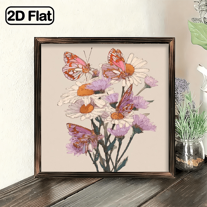 2D Flat 1Pc Wood Frame Sign Vibrant Pink Daisies Butterflies Square ...