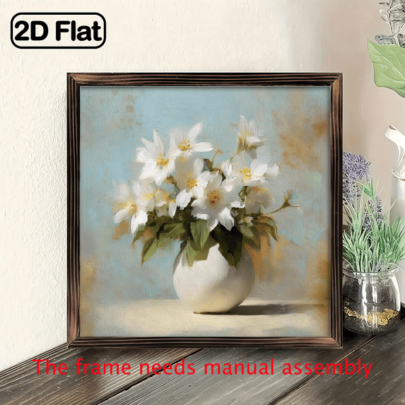 2D Flat, 1Pc Wood Frame Sign White Flowers Vintage Botanical Spring ...