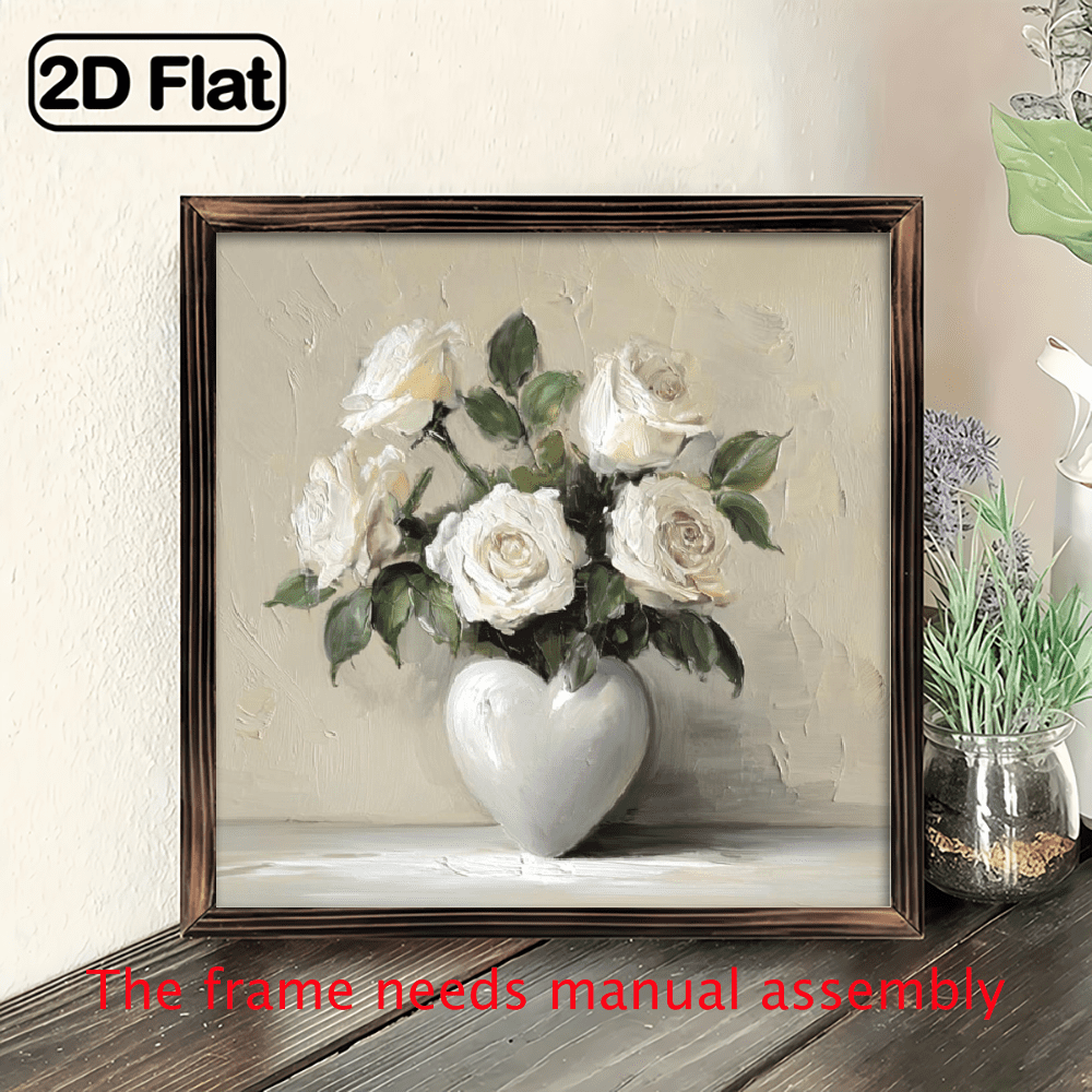 2D Flat, 1Pc Wood Frame Sign White Roses Wall Art Paintings Ideal Gift ...