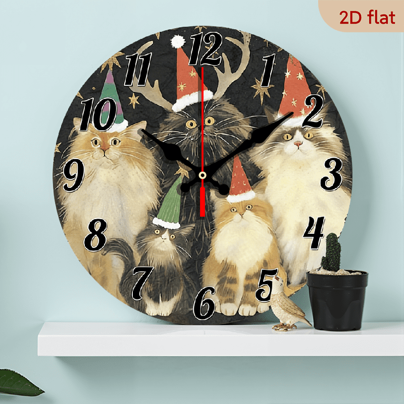 2D Flat, 1pc, 10 Inch Christmas Cat Wall Clock - Non-Ticking Wooden ...