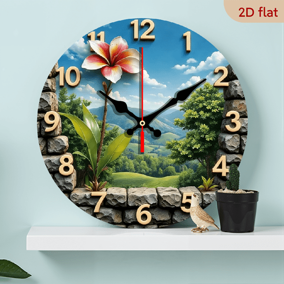 2D Flat, 1pc 10 Inch Round Wooden Wall Clock with Floral Landscape ...
