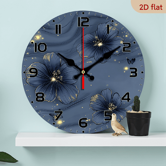 2D Flat, 1pc, 10-inch Round Silent Wall Clock, Black Golden Flower ...