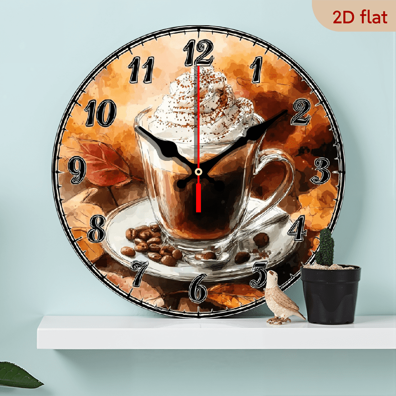 2D Flat 1pc 10Inch Autumn Coffee Cup Fall Leaves Wooden Wall Clock ...