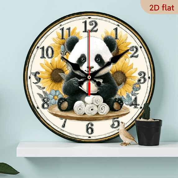 2D Flat 1pc 10Inch No Battery Wooden Round Wall Clock with Panda ...