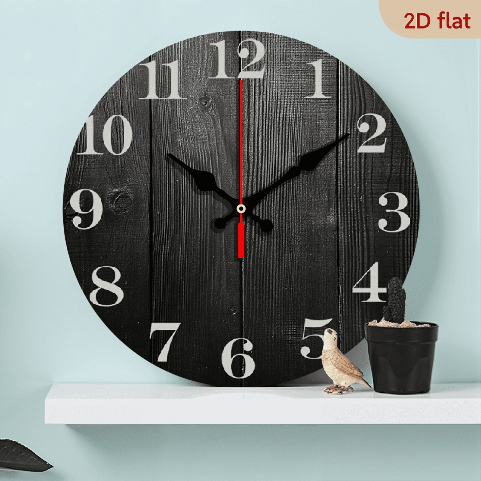 2D Flat 1pc 10Inch A Black and White Clock FaceWood Veneer Round Silent ...
