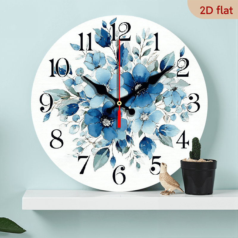 2D Flat, 1pc 10Inch Blue Eucalyptus Floral Design Silent Wall Clock ...