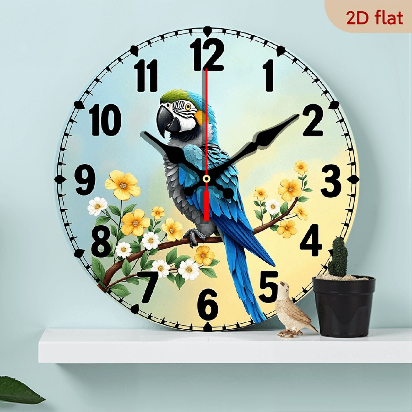 2D Flat 1pc 10Inch Blue Macaw Parrot Flowers Silent Wall Clock Round ...