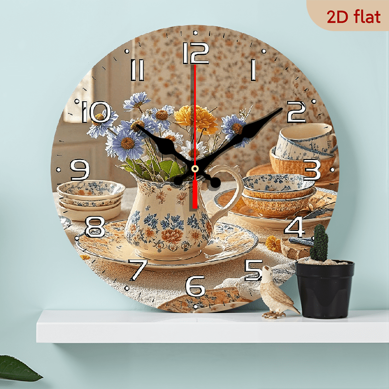 2D Flat 1pc 10Inch Bohemian Floral Wooden Wall Clock - Silent Quartz Movement, Retro Blue Pink ...