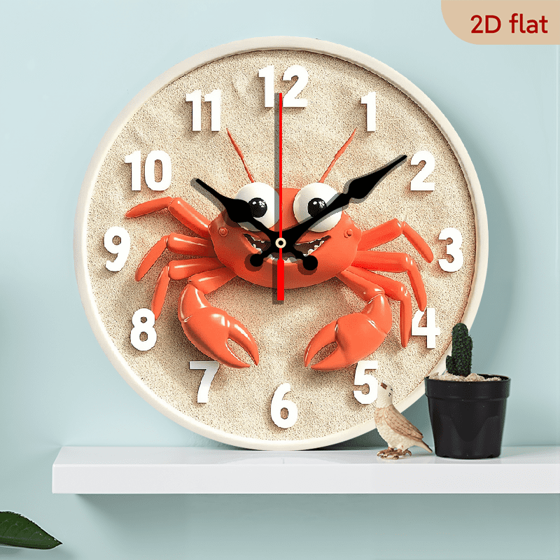 2D Flat 1pc 10Inch Cartoon Crab Wall Clock Round Wooden Kitchen Decor ...
