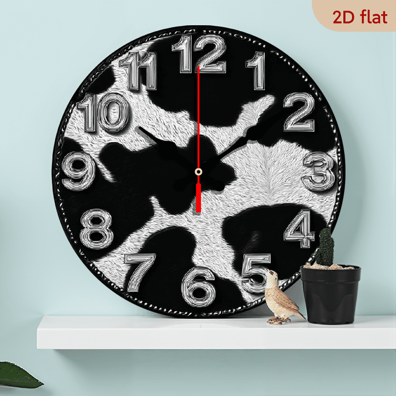 2D Flat 1pc 10Inch Cow Print Wooden Wall Clock - 25cm Silent Japanese ...