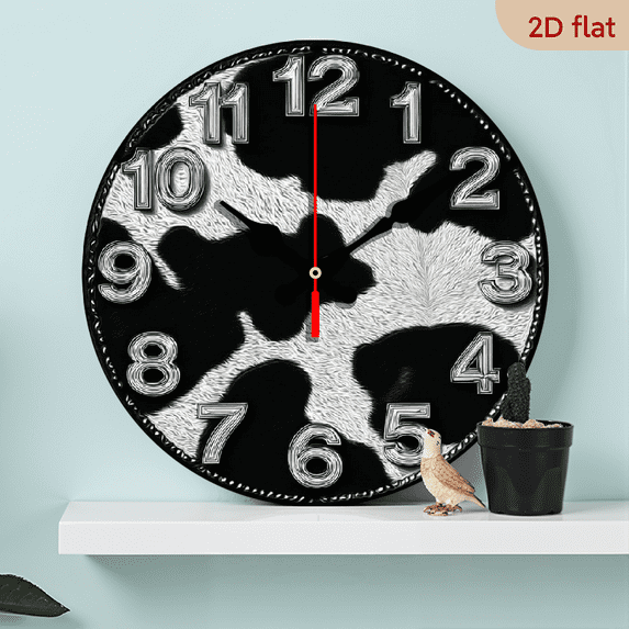 2D Flat 1pc 10Inch Cow Print Wooden Wall Clock - 25cm Silent Japanese ...