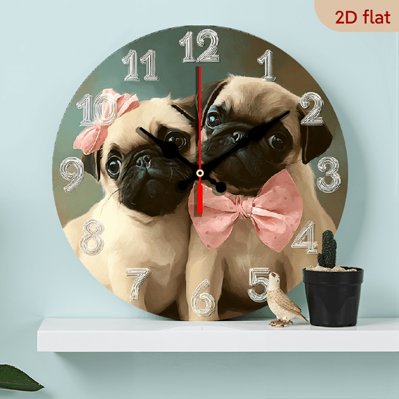 2D Flat 1pc 10Inch Cute Pug Dog Wooden Wall Clock, 10-Inch Round ...