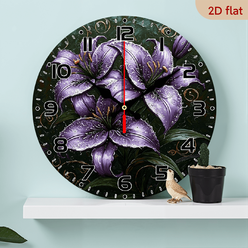 2D Flat, 1pc 10Inch Elegant Purple Lily Wall Clock - 10-Inch Round ...