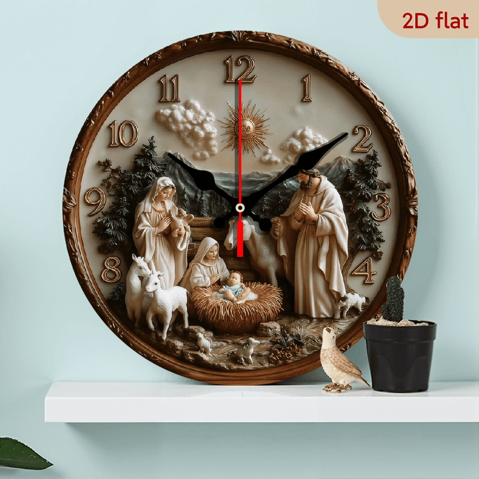 2D Flat 1pc 10Inch Jesus Nativity Theme Wooden Round Wall Clock, Silent ...