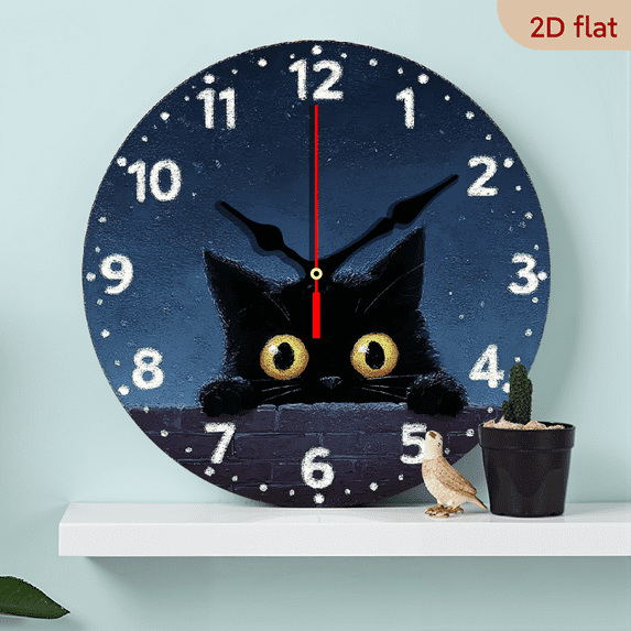2D Flat 1pc 10Inch Non-Ticking Silent Wooden Wall Clock with Black Cat ...