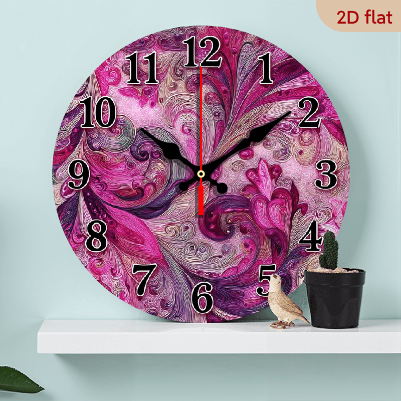 2D Flat 1pc 10Inch Non-Ticking Wooden Wall Clock with Abstract Floral ...