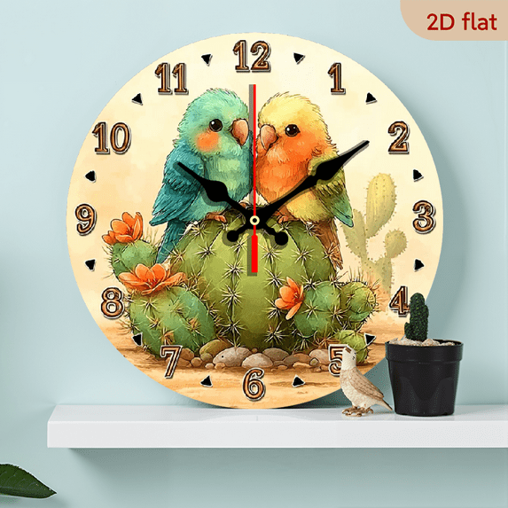 2D Flat 1pc 10Inch Non-Ticking Wooden Wall Clock - Colorful Birds on ...