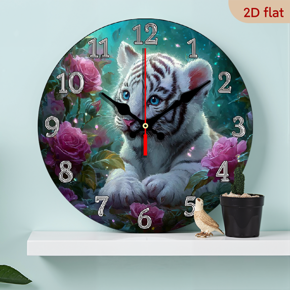 2D Flat 1pc 10Inch Non-Ticking Wooden Wall Clock - White Tiger Cub ...
