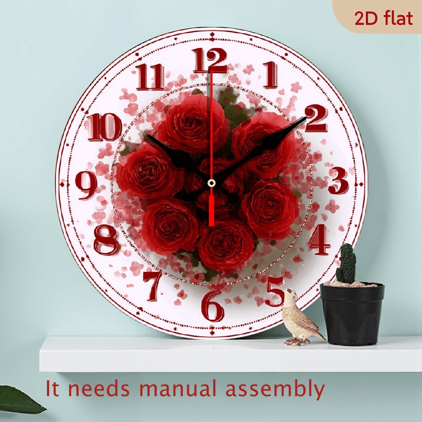 2D Flat 1pc 10Inch Red Rose Floral Wooden Clock Wall Decor For Home ...