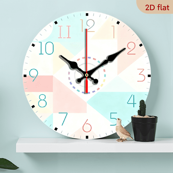 2D Flat 1pc 10Inch Round Wooden Wall Clock Colorful Geometric Numbered ...