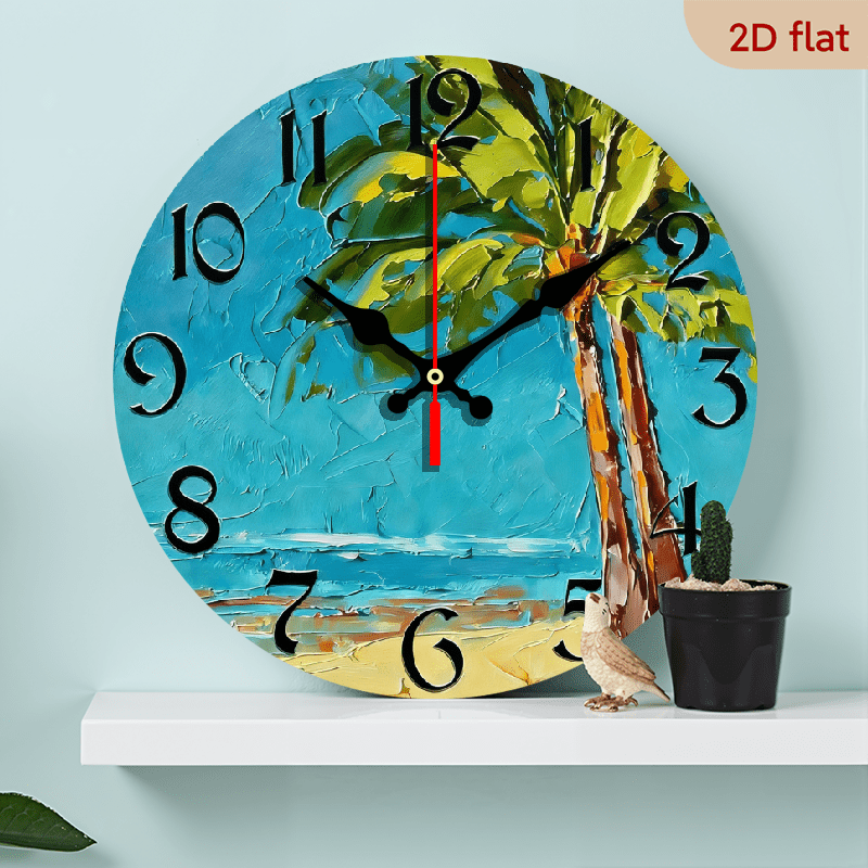 2D Flat, 1pc 10Inch Rustic Farmhouse Palm Tree Beach Wooden Wall Clock ...