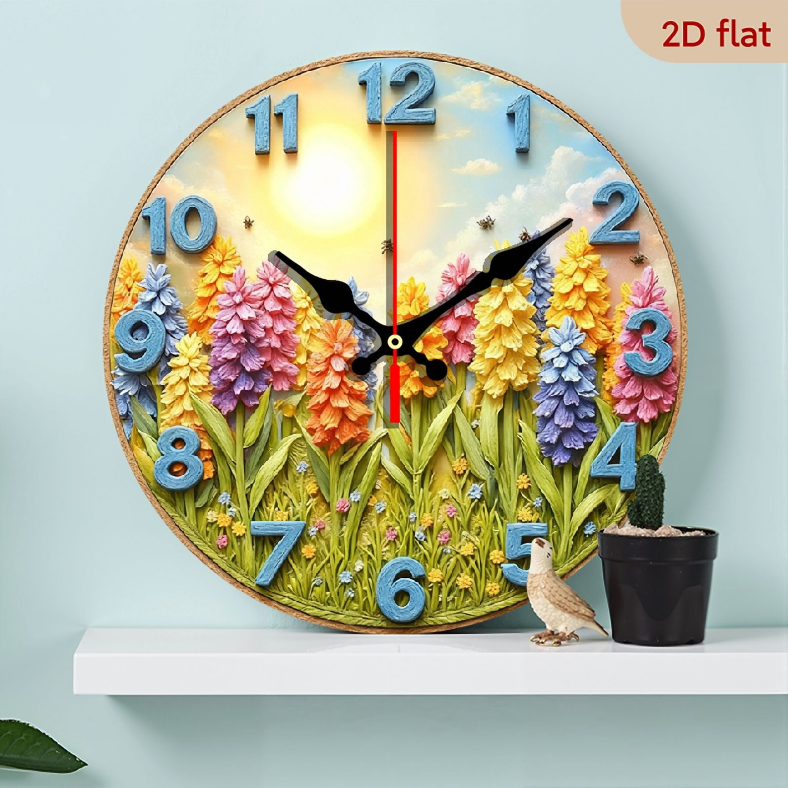 2D Flat 1pc 10Inch Silent Non-Ticking Wooden Wall Clock with 2D Floral ...