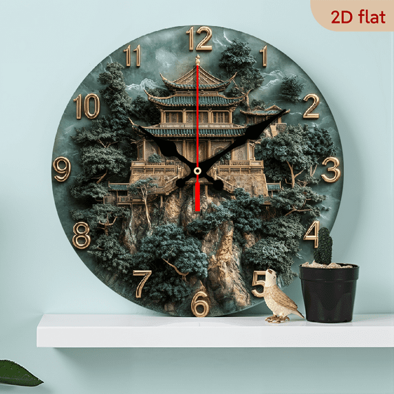 2D Flat 1pc 10Inch Silent Wooden Round Wall Clock with Chinese Pagoda ...