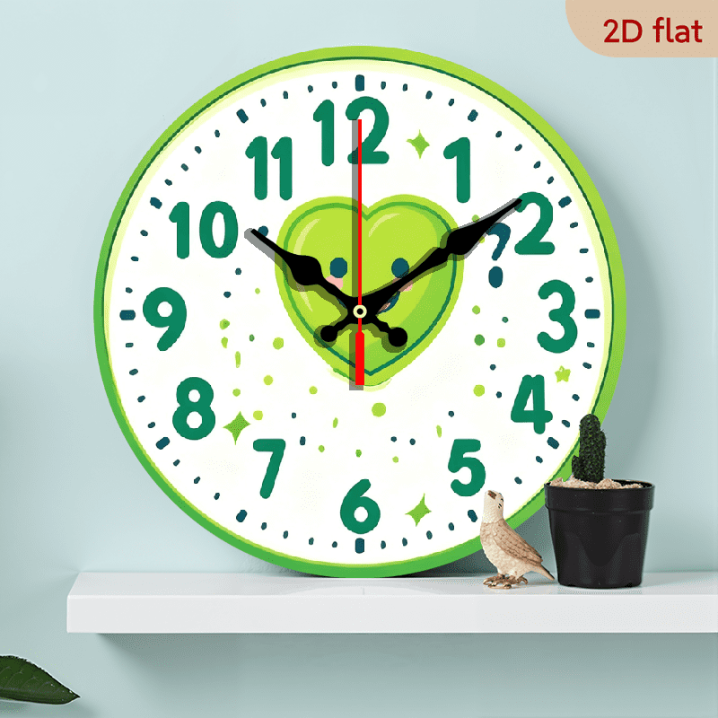 2D Flat 1pc 10Inch Silent Wooden Round Wall Clock with Green Heart ...