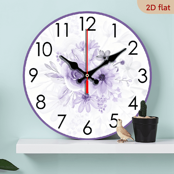 2D Flat 1pc 10Inch Silent Wooden Wall Clock with Watercolor Purple ...