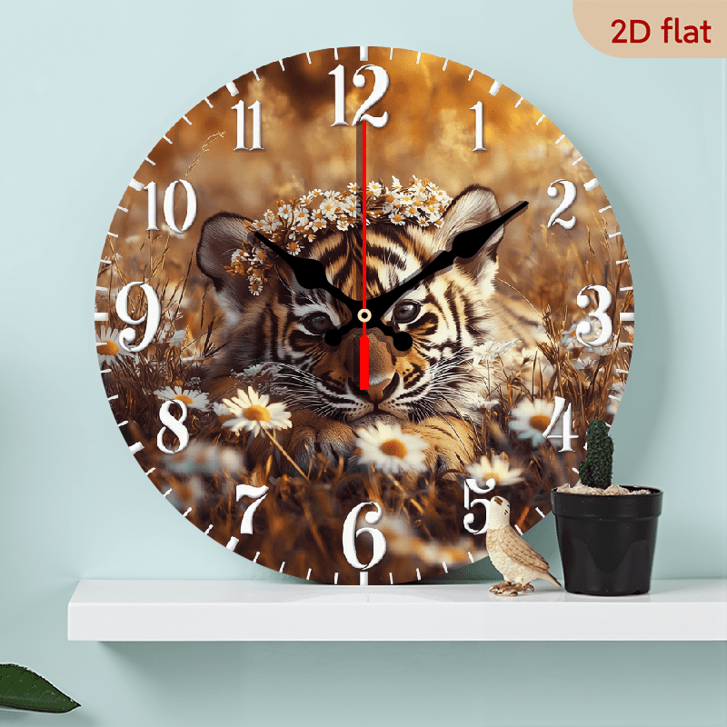2D Flat 1pc 10Inch Tiger and Flowers Wall Clock, Wooden Home Silent ...