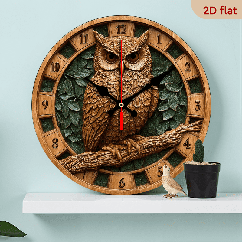 2D Flat 1pc 10Inch Vintage Owl Themed Wooden Wall Clock, Silent Non ...