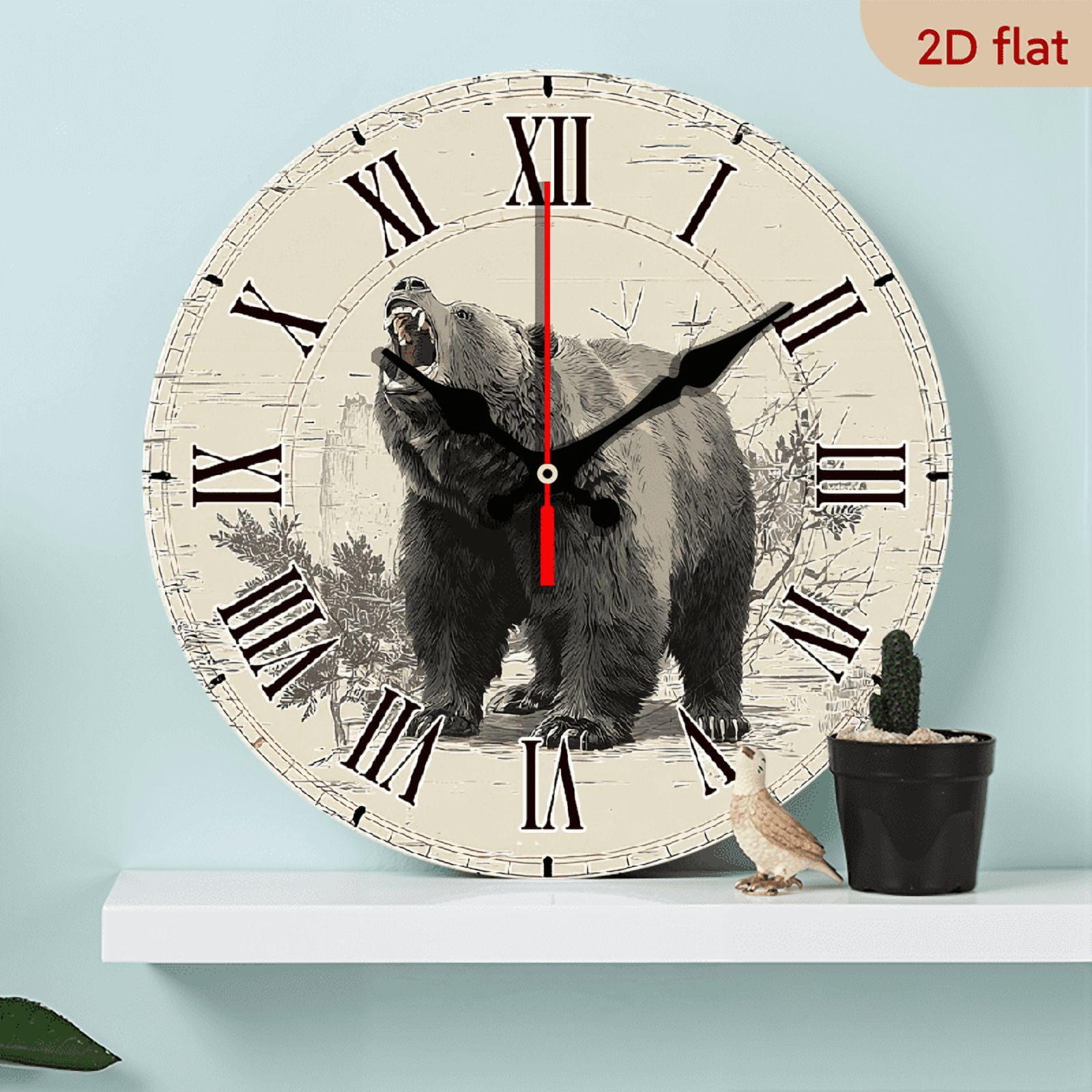 2D Flat 1pc 10Inch Vintage Rustic Bear Roaring Wall Clock Roman ...