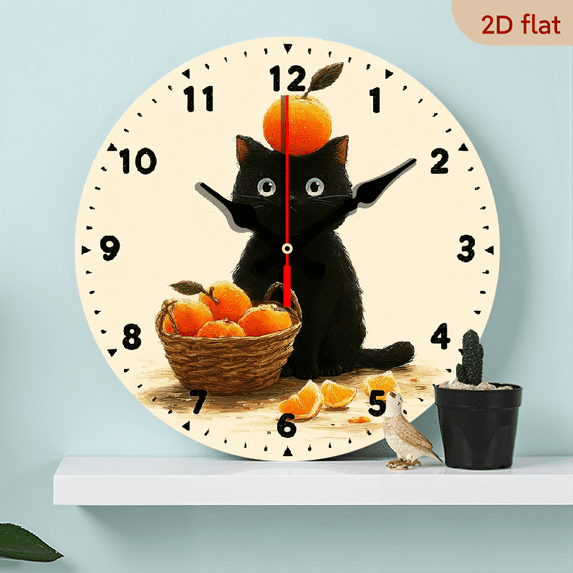 2D Flat 1pc 10Inch Whimsical Black Cat Orange Round Wall Clock - Non ...