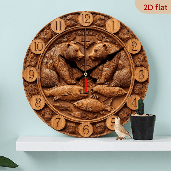 2D Flat 1pc 10Inch Wooden 1pc Bear Snatch Fish Wooden Round Wall Clock ...