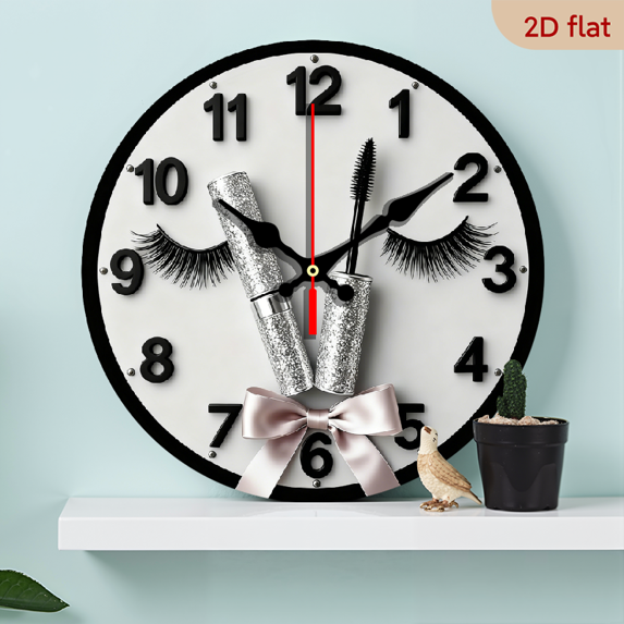 2D Flat 1pc 10Inch Wooden 1pc Glittery Makeup-Themed Wall Clock with ...