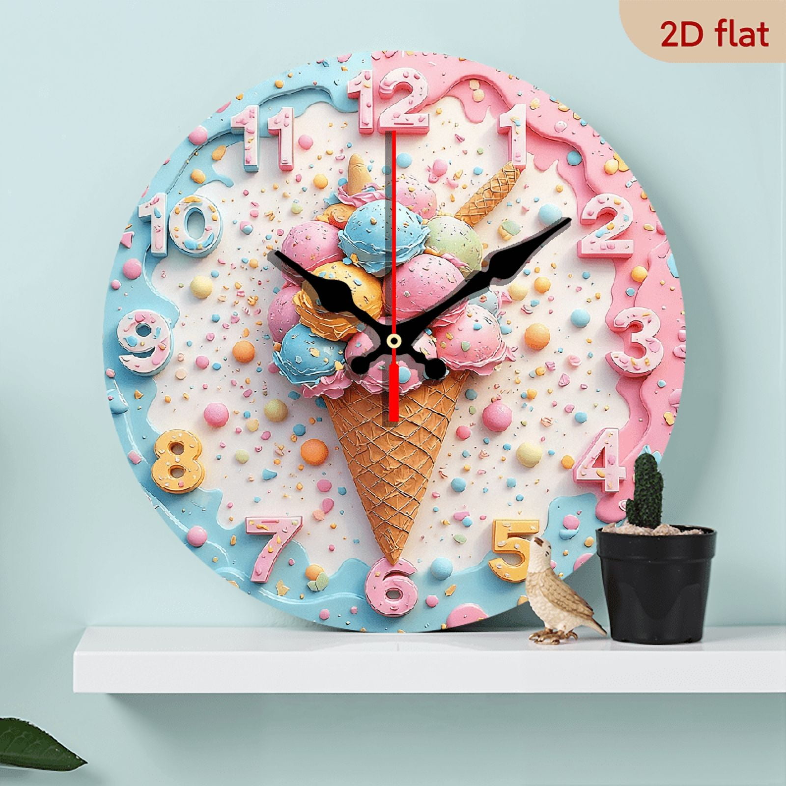 2D Flat 1pc 10Inch Wooden 1pc Ice Cream Cone Wall Clock - Pastel Pink ...