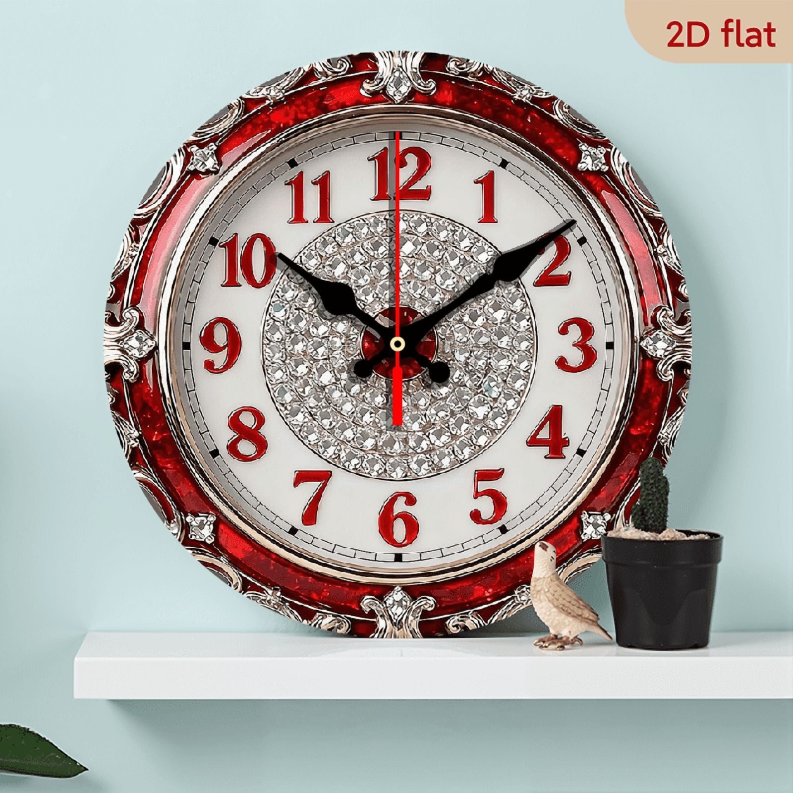2D Flat 1pc 10Inch Wooden 1pc Luxury Red Ruby Crystal Wall Clock ...