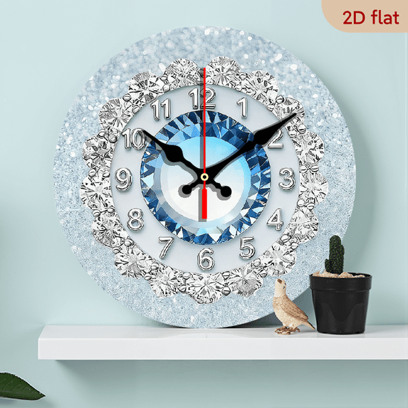 2D Flat 1pc 10Inch Wooden 1pc Modern Blue Crystal Round Wall Clock ...