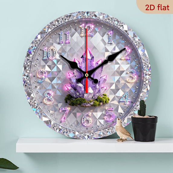 2D Flat 1pc 10Inch Wooden 1pc Purple Amethyst Quartz Wall Clock with ...
