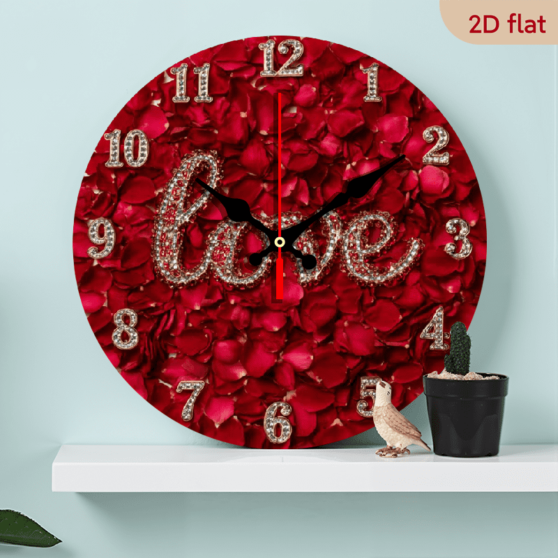 2D Flat 1pc 10Inch Wooden 1pc Red Rose Heart Design Silent Wall Clock ...