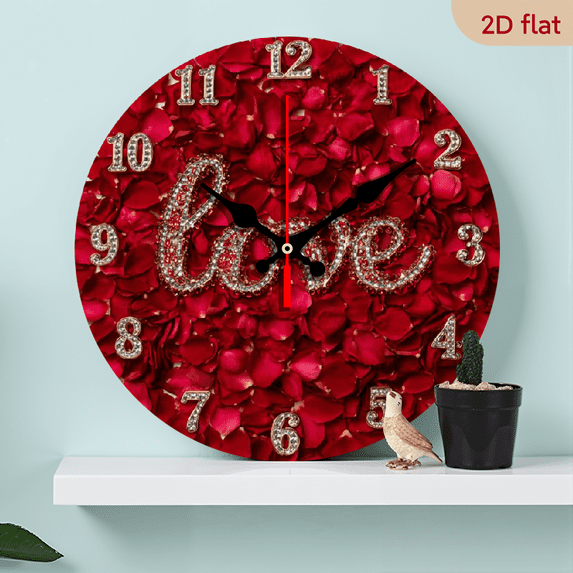 2D Flat 1pc 10Inch Wooden 1pc Red Rose Heart Design Silent Wall Clock ...