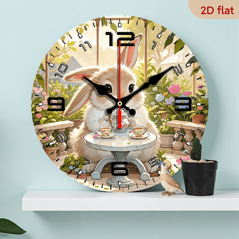 2D Flat 1pc 10Inch Wooden 1pc Vintage Rabbit Afternoon Tea Wall Clock ...