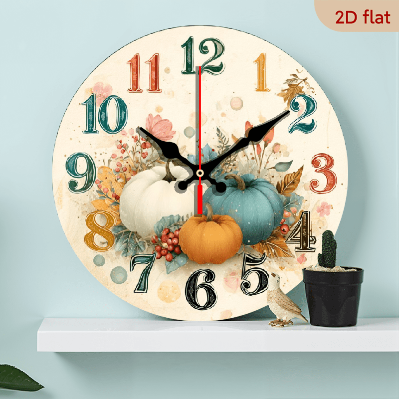 2D Flat 1pc 10Inch Wooden Autumn Pumpkin Wall Clock with Rustic Wood ...