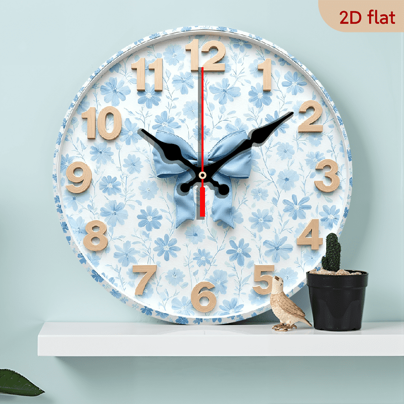 2D Flat 1pc 10Inch Wooden Blue Floral Bow Wall Clock - Silent Non ...