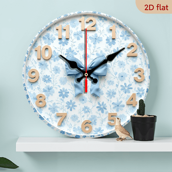 2D Flat 1pc 10Inch Wooden Blue Floral Bow Wall Clock - Silent Non ...