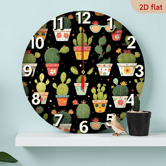 2D Flat 1pc 10Inch Wooden Cactus Plant Pot Art Themed Round Wall Clock ...