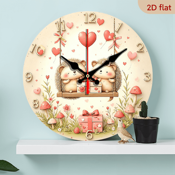 2D Flat 1pc 10Inch Wooden Cartoon Cute Hedgehog Couple Wall Clock ...