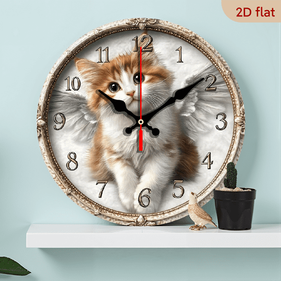 2D Flat 1pc 10Inch Wooden Charming Cat-Themed Silent Wooden Wall Clock ...