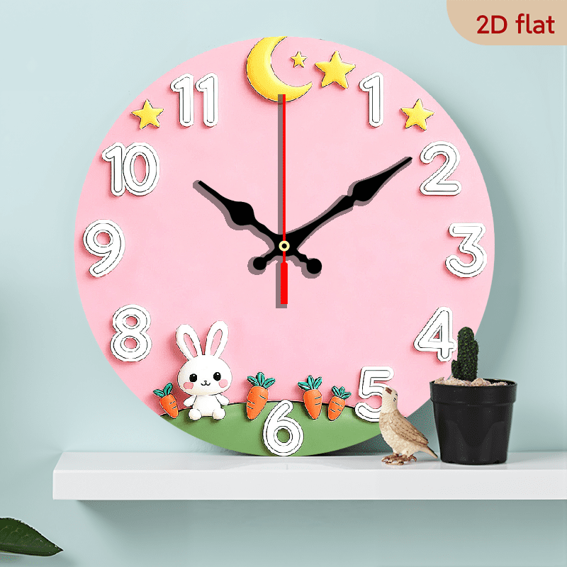 2D Flat 1pc 10Inch Wooden Clock Rabbit-Themed Round Wall Clock with ...