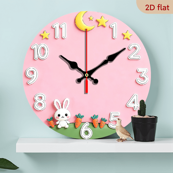 2D Flat 1pc 10Inch Wooden Clock Rabbit-Themed Round Wall Clock with ...